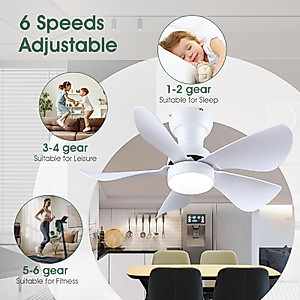 Kviflon Ceiling Fans with Lights and Remote/APP Control, 30 inch Low Profile Ceiling Fans with 5 Reversible Blades 3 Colors Dimmable 6 Speeds Ceiling Fan for Bedroom Kitchen Dining Room, White