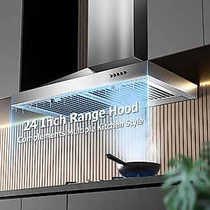 Zomagas 24 Inch Range Hood, Wall Mount Vent Hood in Stainless Steel with Ducted/Ductless Convertible Duct, 3 Speed Exhaust Fan, Energy Saving LED Light, Push Button Control, 2 Pcs Baffle Filters