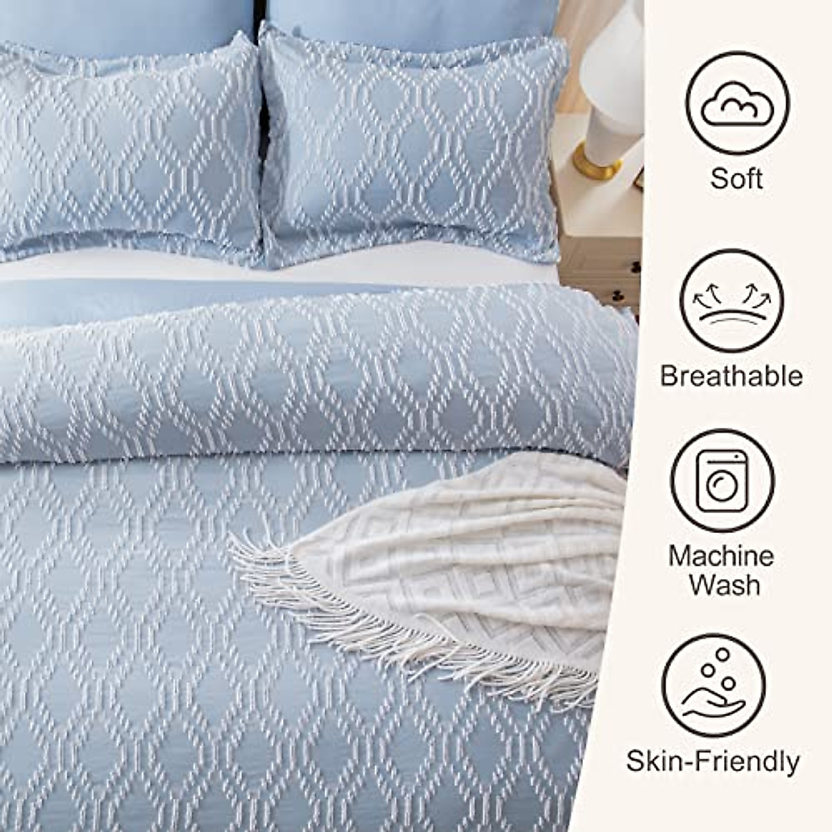 EMME Duvet Cover Set Microfiber, Tufted Queen Duvet Cover Set, Boho Bedding Sets Queen for All Seasons, 3 Pieces Embroidery Chic Duvet Cover Full, 1 Duvet Cover + 2 Pillowcases (Blue & White, Queen)