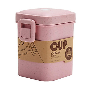 YARDWE Microwave Breakfast Cup Sealed Insulated Food Jar: Microwave Soup Mug with Lid 600ml Pink Square Wheat Straw Cereal Cup with Cover Spill Proof Soup Travel Container