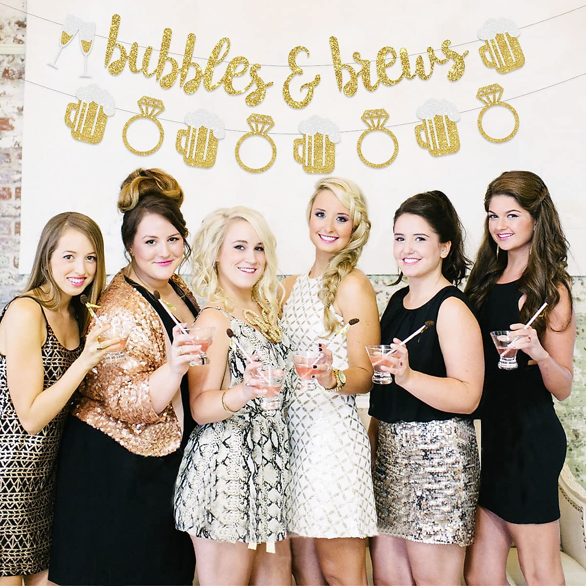 Sursurprise Gold Glitter Bubbles & Brews Banner, Beer Diamond Ring Garland, Bubbly Bar Sign for Funny Engagement Party Decorations Bridal Shower Wedding Bachelorette Supplies
