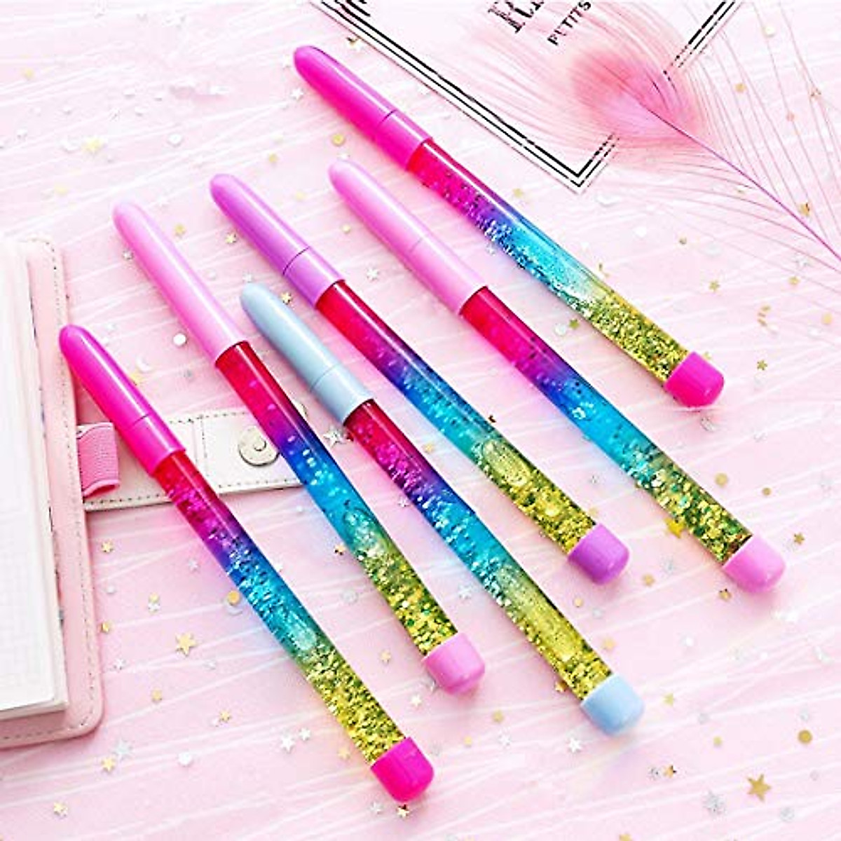 4 Pack Bling Rainbow Liquid Sand Gel Ink Pen Glitter Fairy Stick Ballpoint Pen Crystal Pens Rollerball Pens Student Pens for Kids Girls Gift Stationery School Office Supplies (Black Ink)