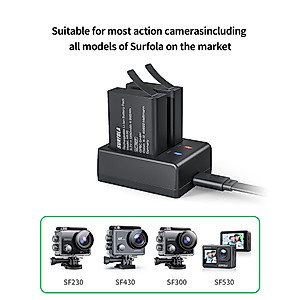 Surfola Action Camera Battery Pack, Rechargeable Batteries with Charger 1350mAh X2, with USB Dual Charger for Sports Camera, Compatible with AKASO EK7000/CAMPARK/CROSSTOUR/APEMAN and More