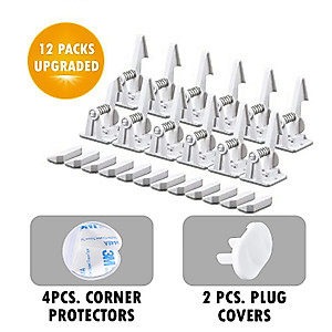 Mybabyly Baby Proofing Cabinet Locks – 12 pcs No Drill Baby Proofing Locks for Cabinets and Drawers with 4 Corner Protectors and 2 Covers – Adhesive Baby Cabinet Safety Latches - White