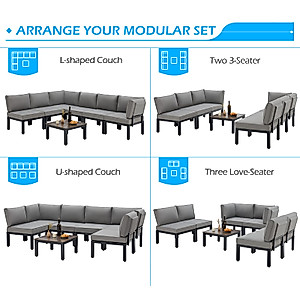 AECOJOY Outdoor Patio Furniture Set, Metal Patio Sectional Conversation Sofa, Black Wrought Iron Outdoor Furniture Sets Clearance with Grey Cushions