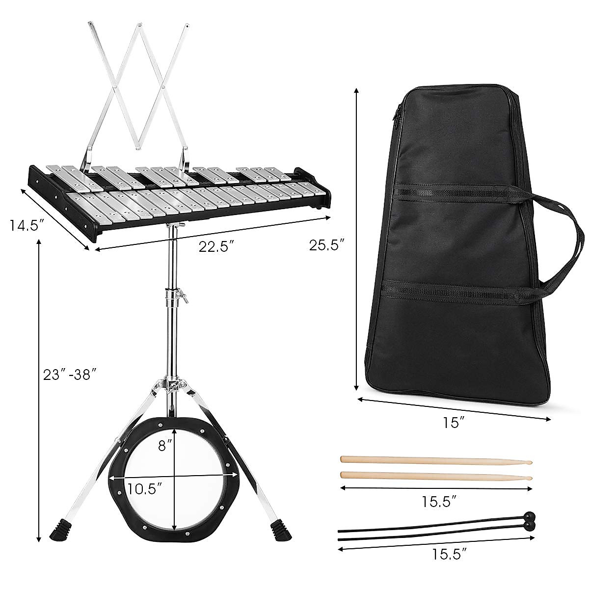 Giantex Percussion Glockenspiel Bell Kit 30 Notes, Xylophone with Adjustable Height Frame, Music Stand, 8" Practice Pad, Bell Mallets, Drumsticks, Carrying Bag, for School Band Beginner Student