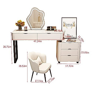 Vanity Desk, Vanity Table Made of Solid Wood, Features Modern Sintered Marble Top, Rotatable/Removable Touch Screen HD Mirror(3-Brigntness), Vanity Set with Chair (47.2IN/120CM)