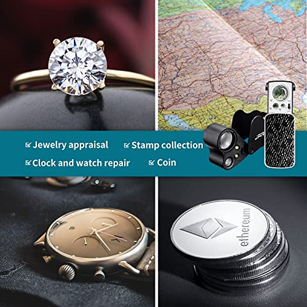 JARLINK 2 Pack Jewelers Loupe, 30X 60X 90X Illuminated Jewelers Eye Loupe Magnifier and Magnifying Glass Loop with UV Black Light and Bright LED Light for Gems, Jewelry, Diamond, Coins, Stamps (Black)