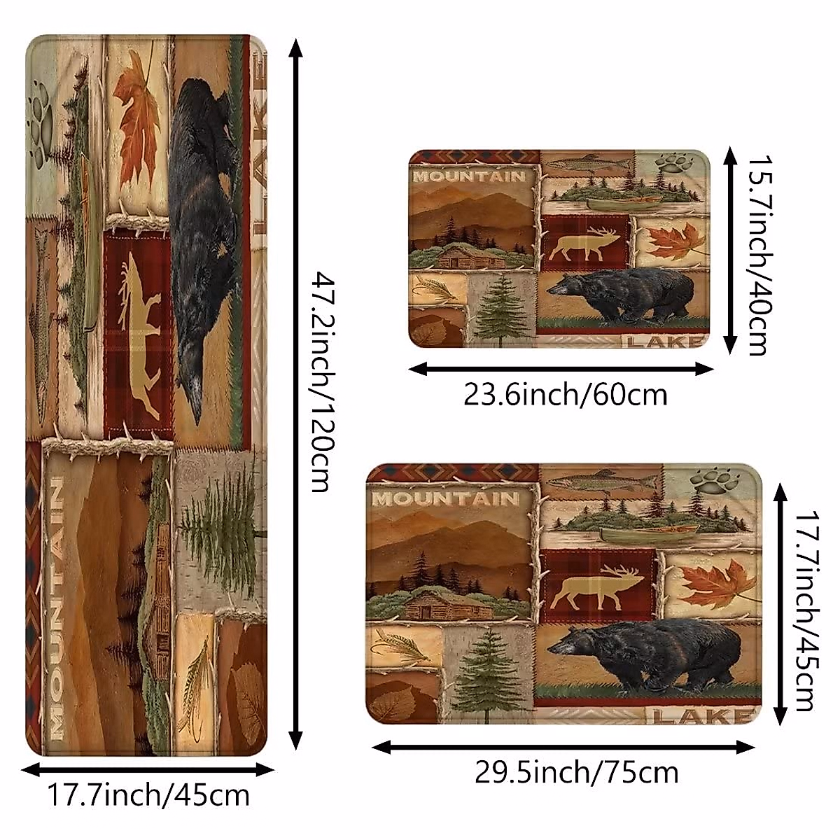 Rustic Cabin Wildlife Kitchen Rug Sets 3 Piece Maple Leaf Bear Moose Deer Country Comfort Mat Farmhouse Floor Mats Washable Doormat Anti Fatigue Non-Slip Kitchen Runner Rugs Bedroom Area Carpet