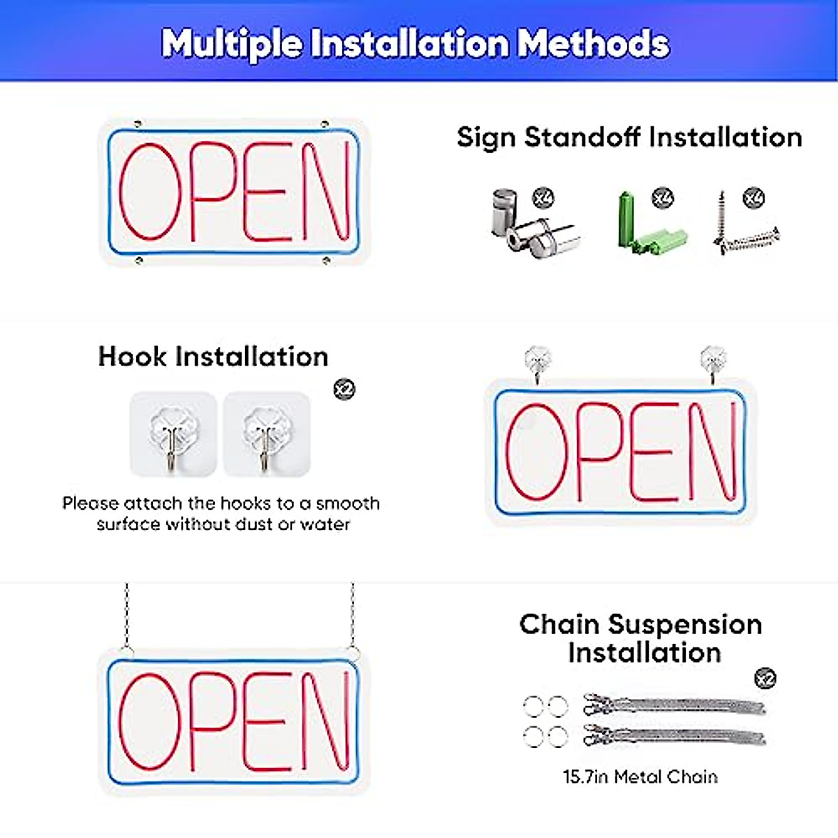 KANAYA 20 Inch Open Sign, LED Open Signs for Business Dimmable, Bright Neon Open Sign Window Storefront for Restaurant Hotel Salon Bar Cafe Office, Power Adapter Included (Red&Blue/Horizontal)
