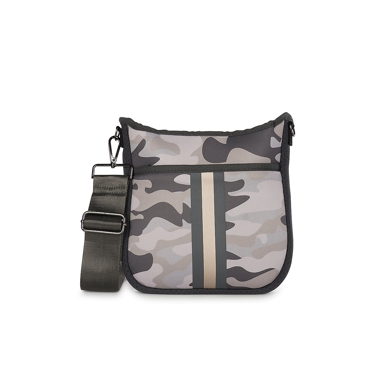 Haute Shore - Jeri Safari Crossbody Tote, Green Camo W/Black & Gold Stripe