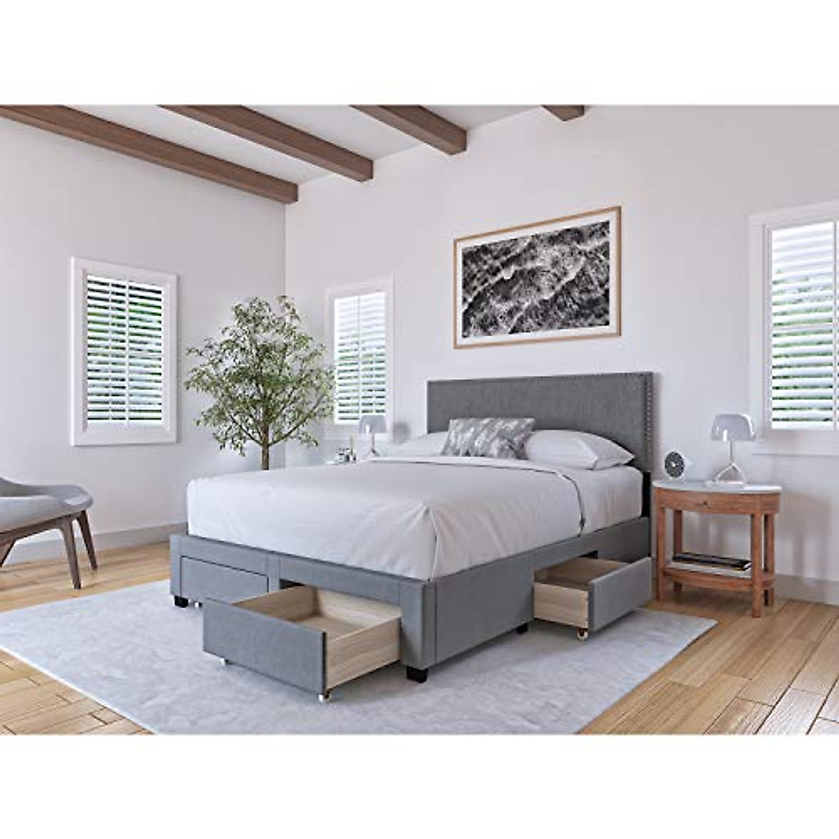 DG Casa Lucas Upholstered Platform Bed Frame with Storage Drawers Nailhead Trim Headboard and Full Wooden Slats, Box Spring Not Required-Queen Size in Grey Polyester Blend Fabric