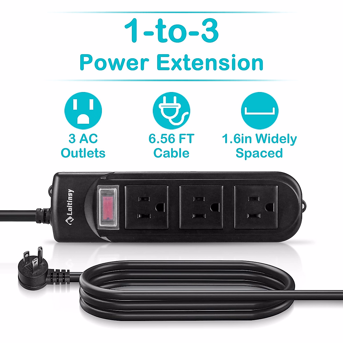 Loitinsy Outdoor Power Strip Weatherproof, Waterproof Flat Plug with 3 Outlets, 6.5 FT Extension Cord, Overload Protection and Shockproof, Suitable for Home and Outside, Wall Mountable, Black