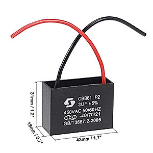 uxcell Ceiling Fan Capacitor CBB61 3uF 450V AC 2 Wires Metallized Polypropylene Film Capacitor 43x31x18mm for Electric Fan Pump Motor Generator 2Pcs