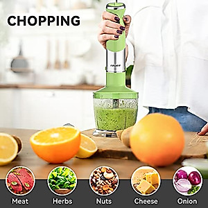 Immersion Blender Handheld 5 in 1 Hand Blender, 800W Hand Mixer Stick, BPA-Free 12 Speed and Turbo Mode Handheld Blender 304 Stainless Steel, With 20 oz Mixing Beaker, 17 oz Chopper, Whisk and Milk Frother for Soup, Smoothies, Baby Food, Sauce, Abuler (Gr