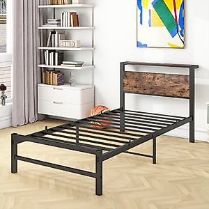 ARFARLY Twin Bed Frames Platform Bed Frame with Wood Storage Headboard No Box Spring Needed,Strong Slats Mattress Foundation,Easy Assembly,Black+Brown