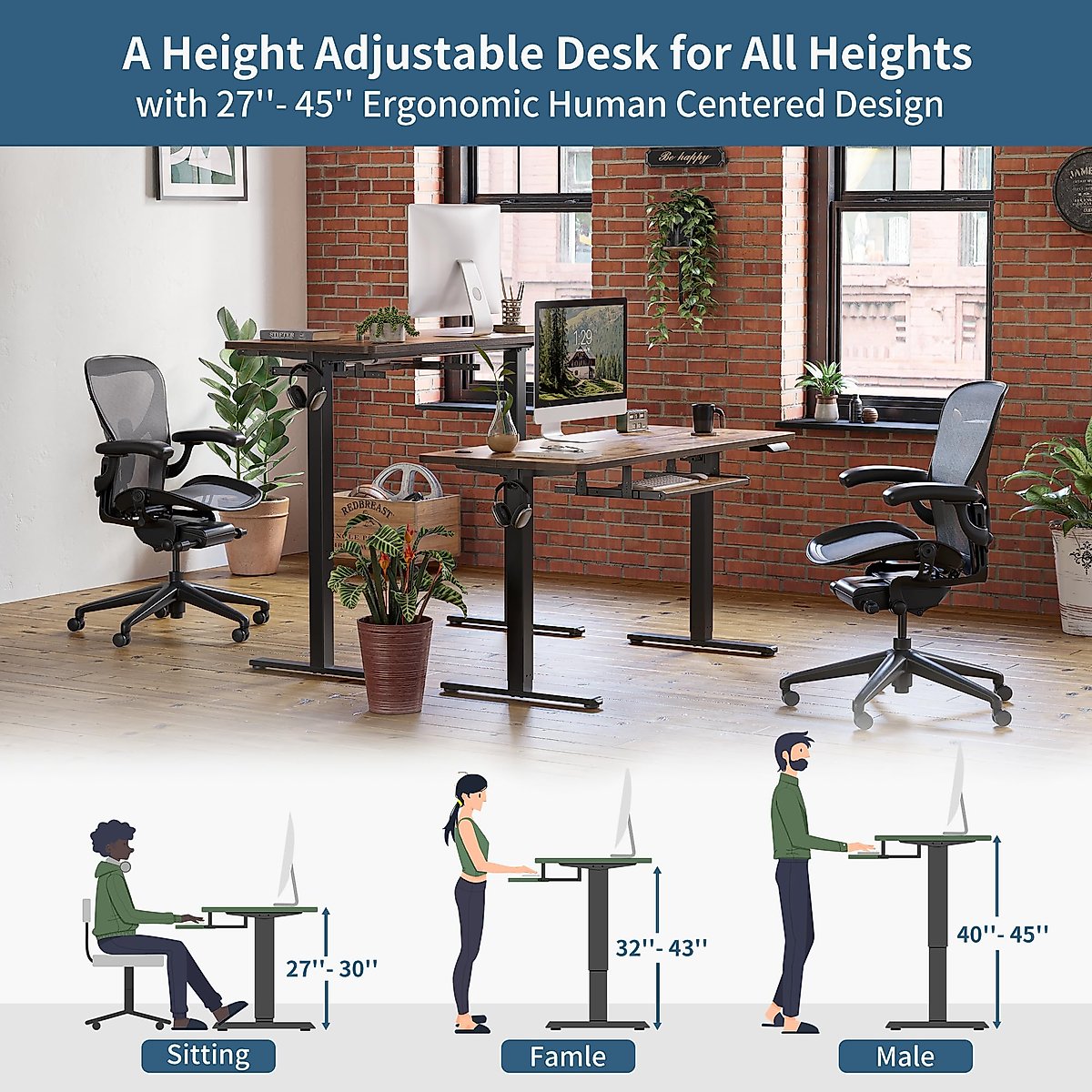BANTI 40" x 24" Height Adjustable Electric Standing Desk with Keyboard Tray, Sit Stand up Desk with Splice Board, Black Frame/Rustic Brown Top
