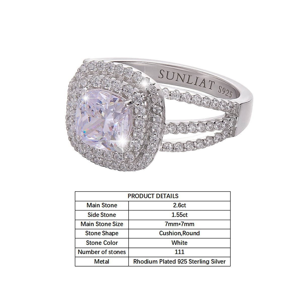 SUNLIAT Engagement Ring for Women, 925 Sterling Silver Cushion Cut Cubic Zirconia Halo Wedding Promise Ring for Her Simulated Diamond Anniversary Ring