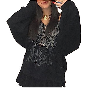 Winioder Women Y2K Zip Up Hoodie Vintage Graphic Oversized Hoodies Grunge Aesthetic Sweatshirt Jacket Skeleton Gothic Hoodie (G-Black,Medium)