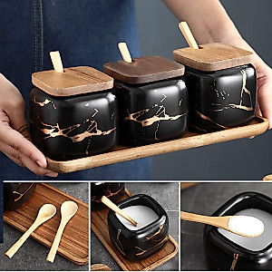 JFFLYIT 3 Pcs Porcelain Condiment Jar Pot Spice Container Ceramic Seasoning Jar with Lid Spoon and Tray Great for Home Kitchen Counter, Black