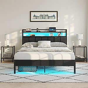 CollaredEagle Full Size Bed Frame with Headboard, Metal Bed Frame with Charging Station and LED Lights, Heavy Duty Bed with Storage Shelves,Noise Free(Black)