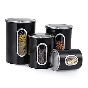 malmo Canisters Set, 4 Piece Food Container Window Kitchen Canister with Fingerprint Resistance Lids, Black