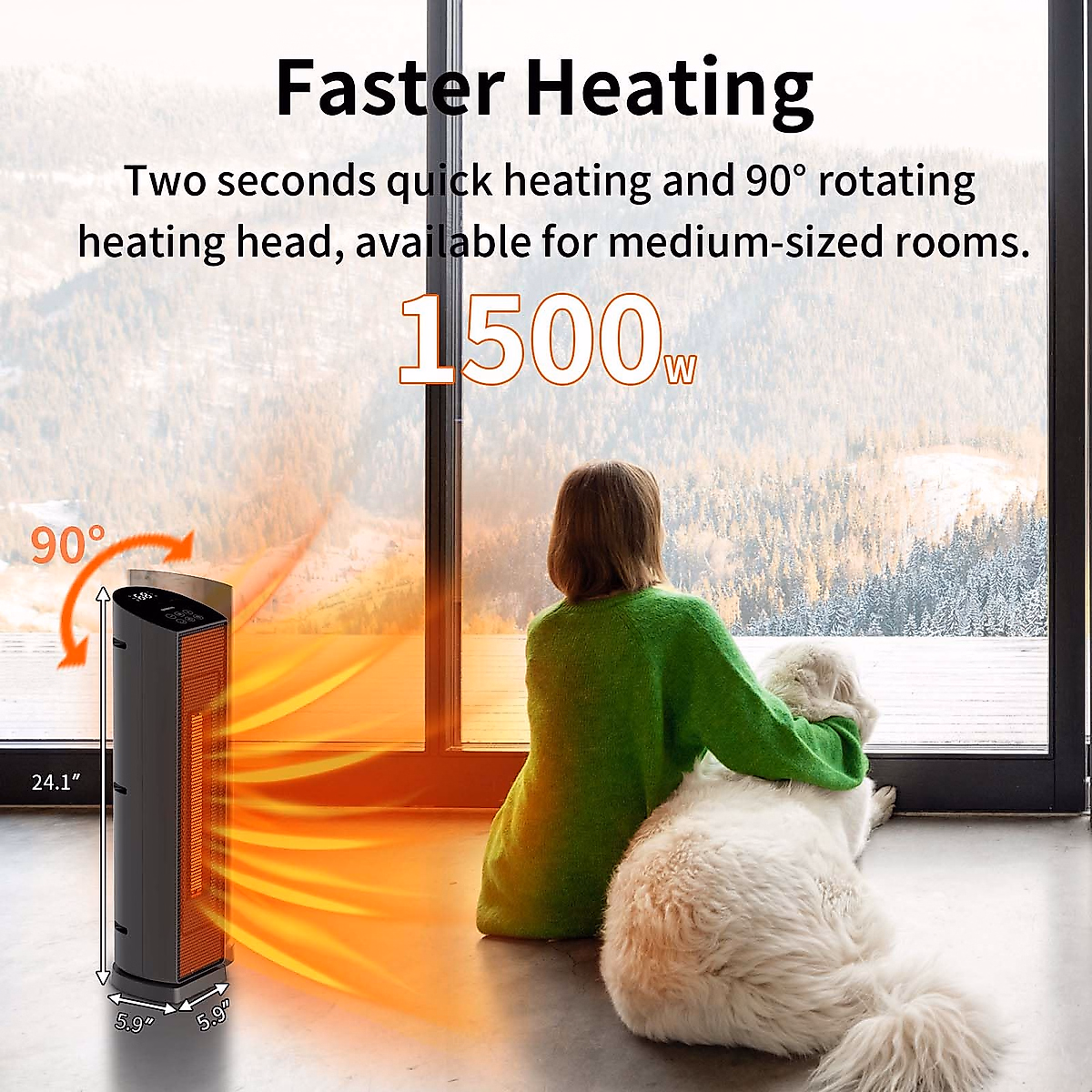 QOWETU Space Heater for Indoor Use with Remote - 90° Oscillating Tower Electric Heater, 24 Inchs, 12H Timer, 1500W Quiet PTC Ceramic Heating with Thermostat, Fast Safety Heat for Office, Home, Bedroom