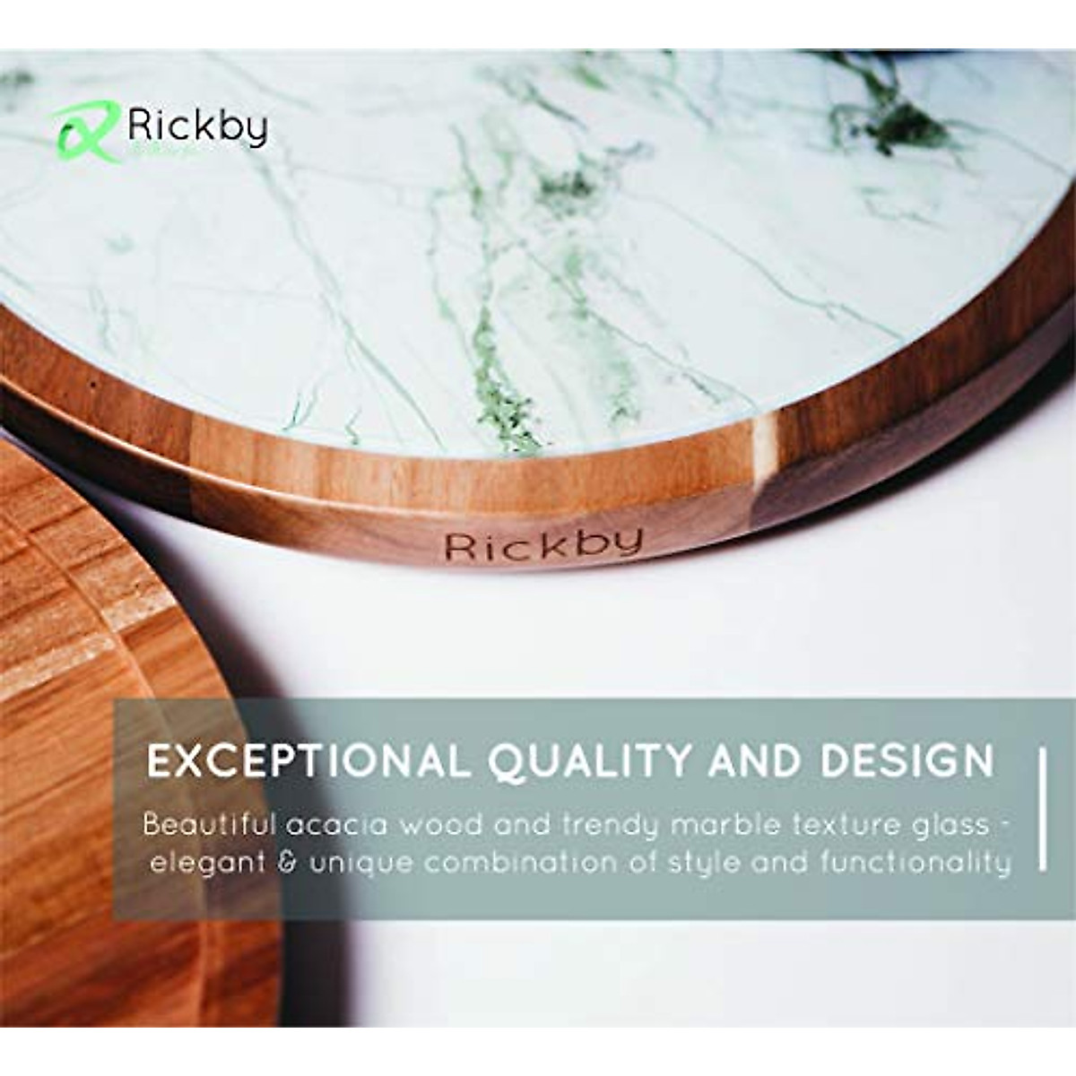 12" Acacia Wood Lazy Susan Turntable for Table Top With Removable Marble Texture Glass Plate for Dining Table Turntable Wooden Lazy Susan for Countertop