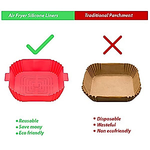Air Fryer Silicone Liners (2-Pack), Reusable Square Air Fryer Liners Heat Resistant Silicone Air Fryer Liners Air Fryer Accessories For 4 To 7 Qt Air fryers (Red+Blue)