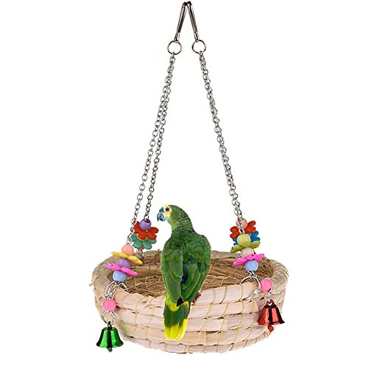 Woven Straw Nest Bed Large Bird Swing Toy with Bell for Parrot Cockatiel Parakeet African Grey Cockatoo Macaw Amazon Conure Budgie Canary Lovebird Finch Hamster Chinchilla Cage Perch
