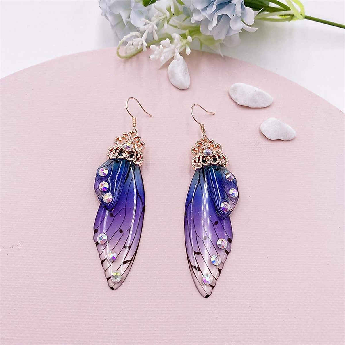 Multicolored Butterfly Wing Hook Earrings Elegant Acrylic Insect Drop Earrings Crystal Dragonfly Wing Earrings for Women Jewelry(Blue)