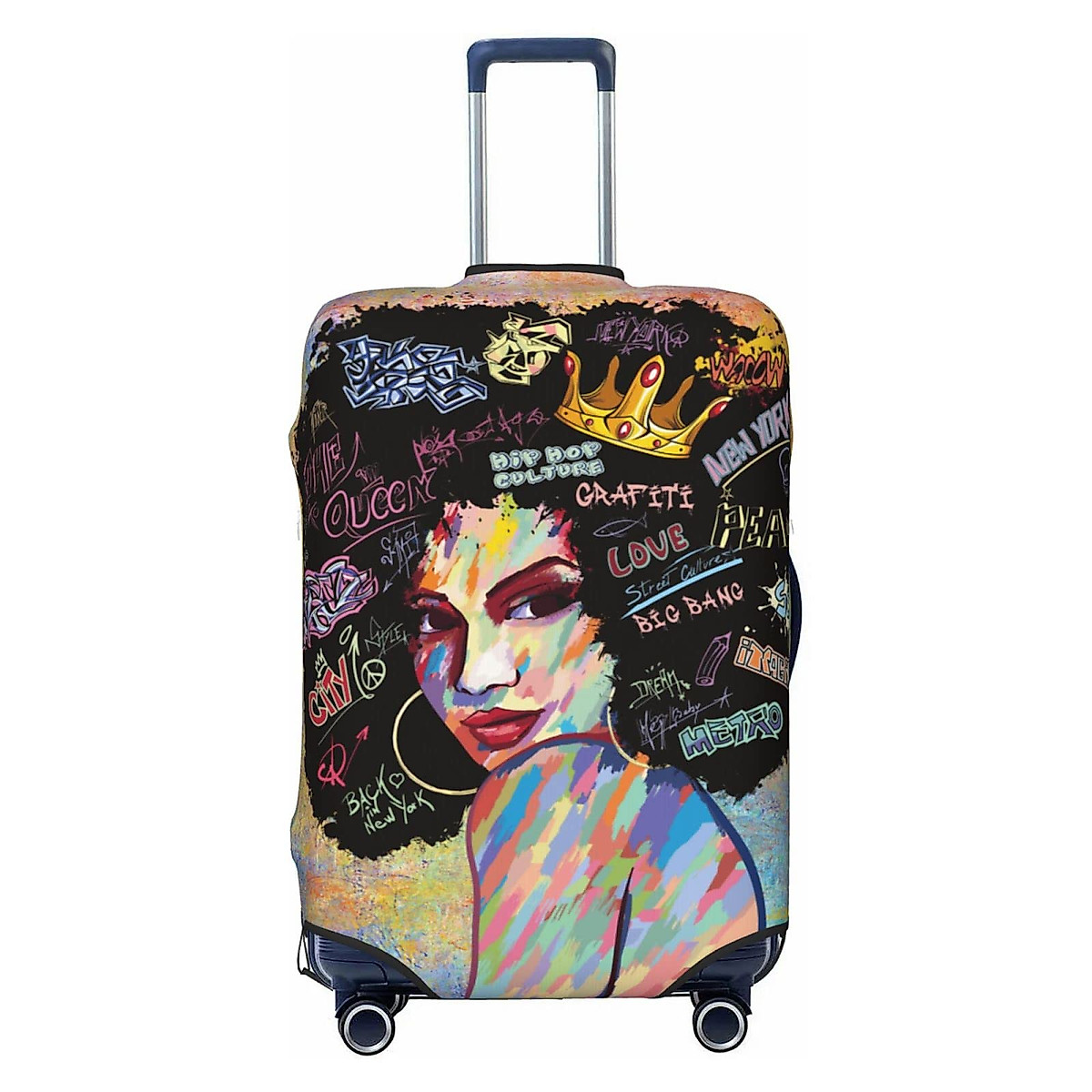 DOINBEE African American Woman Girl with Crown Travel Luggage Cover Black Women Colorful Graffiti Hair Art with Positive Words Suitcase Cover Protector Elastic Baggage Case Covers Fit 25-28" Luggage