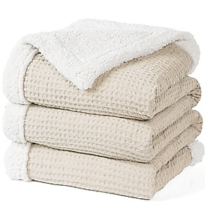 PHF Waffle Sherpa Blanket King Size, 104x90 Inches Luxury Plush Flannel Blanket for All Season, No Shed No Pilling, Cozy Soft Reversible Waffle Weave Fleece Blanket for Bed and Couch, Natural