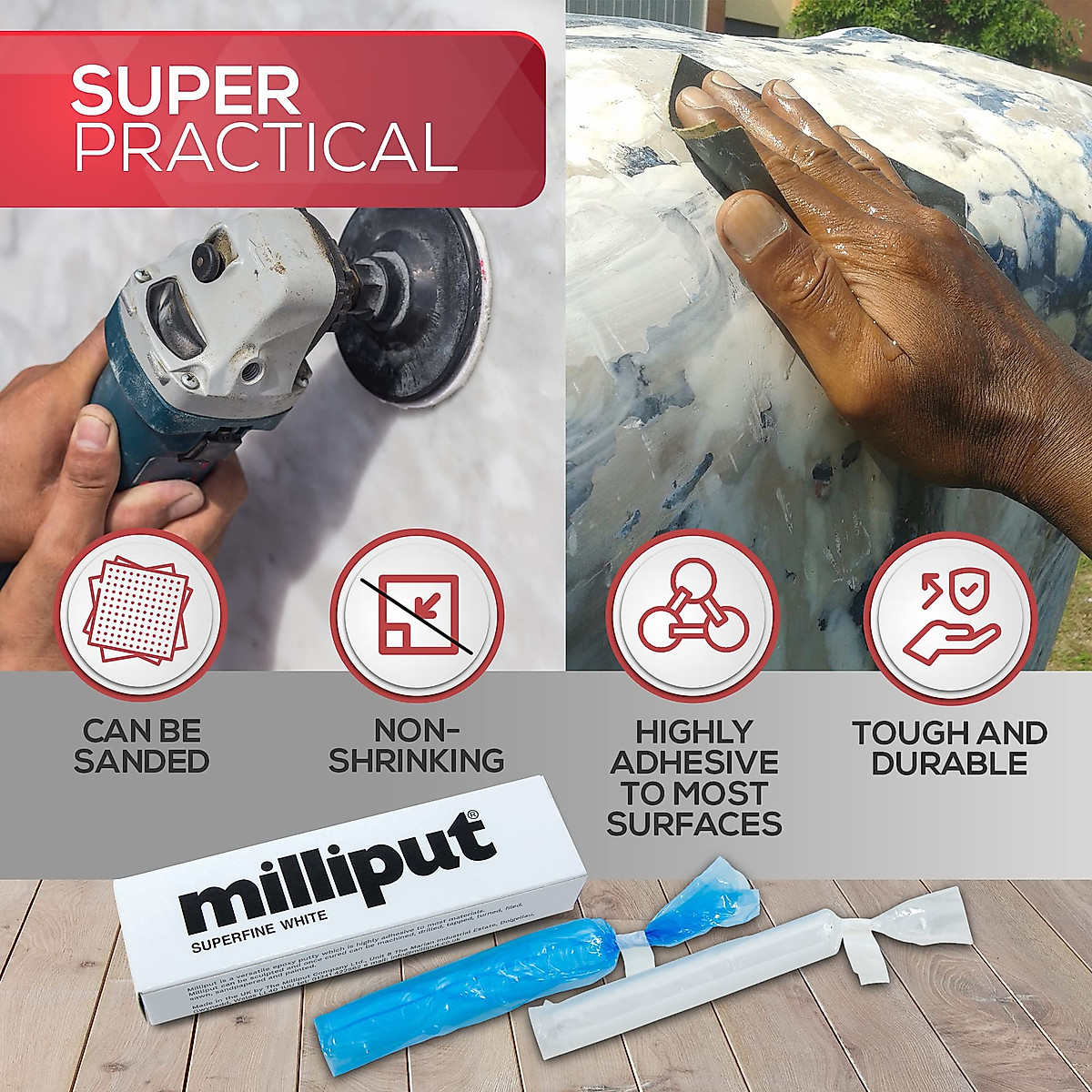 Milliput Plumbers Putty 10 Piece Set, Superfine White - with Sculpting Tools, Sanding Pad and Gloves - Ceramic Tile, Fiberglass Tub, Bath, Sink and Porcelain Repair Kit - 2 Part Epoxy Modeling Clay