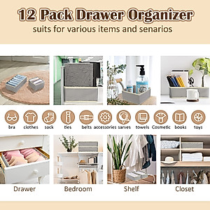 12PCS Drawer Organizers for Clothing, 53 Cell Bra Sock Underwear Drawer Organizer Fabric Foldable Dresser Drawer Divider Closet Organizers and Storage Boxes for Baby Clothes Bras Socks Lingerie (Grey)
