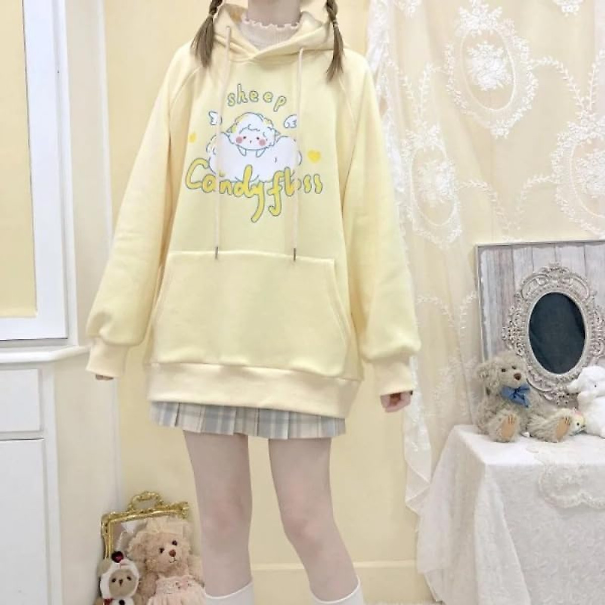 Ordabi Kawaii Hoodie Sheep Graphic Sweatshirt Oversized Aesthetic Pullover Japanese Preppy Alt Clothes Harajuku Streetwear (Apricot,L)