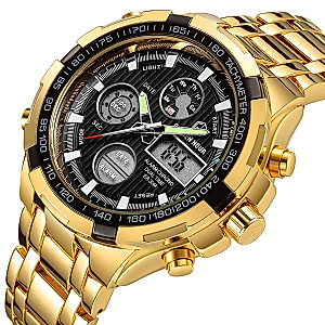 GOLDEN HOUR Luxury Stainless Steel Analog Digital Watches for Men Male Outdoor Sport Waterproof Large Big Size Heavy Wristwatch (Gold Black)