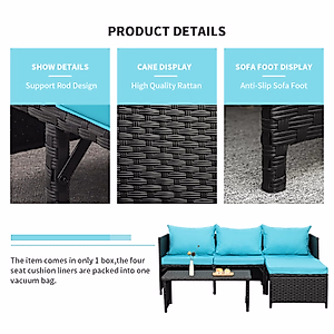 Valita 3-Piece Outdoor PE Rattan Furniture Set Patio Black Wicker Conversation Loveseat Sofa Sectional Couch Turquoise Cushion