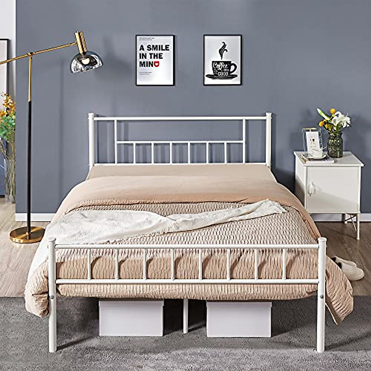 Yaheetech 13 inch Full Size Metal Bed Frame with Headboard and Footboard Platform Bed Frame with Storage No Box Spring Needed Mattress Foundation for Adult White
