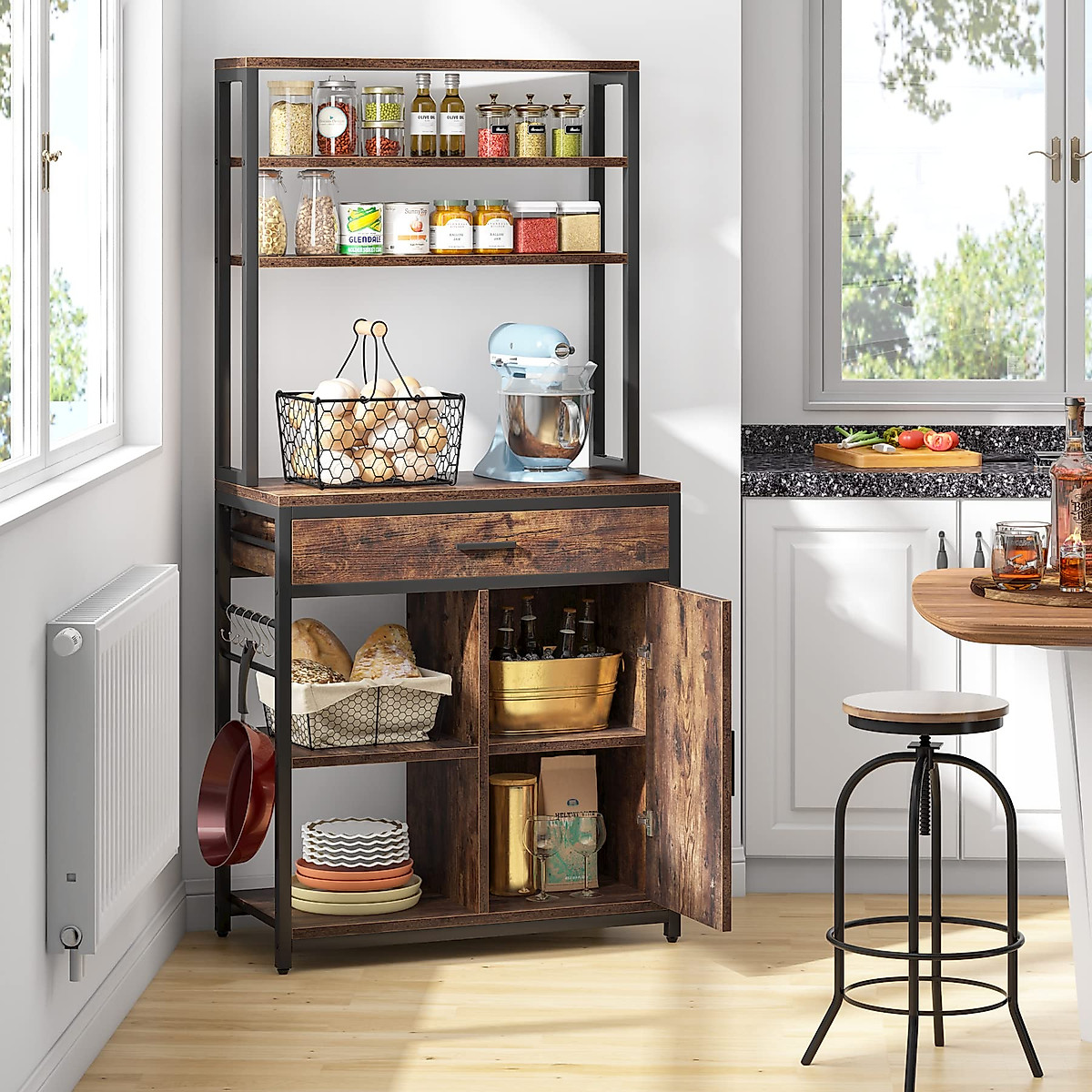 LITTLE TREE Bakers Racks for Kitchen with Cabinet, Large Capacity Microwave Stand with Drawers, 6-Tier Kitchens Utility Storage Shelves with Side Hooks, Rustic Brown