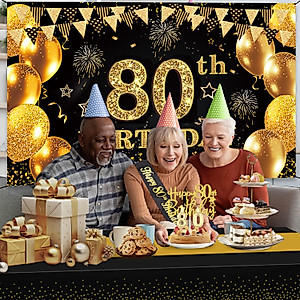 80th Birthday Decorations Men Women with 80th Birthday Banner, Black and Gold Table Cloth, 80 Number Balloons, 80th Birthday Sash, 80th Birthday Cake Topper and 80th Birthday Candles
