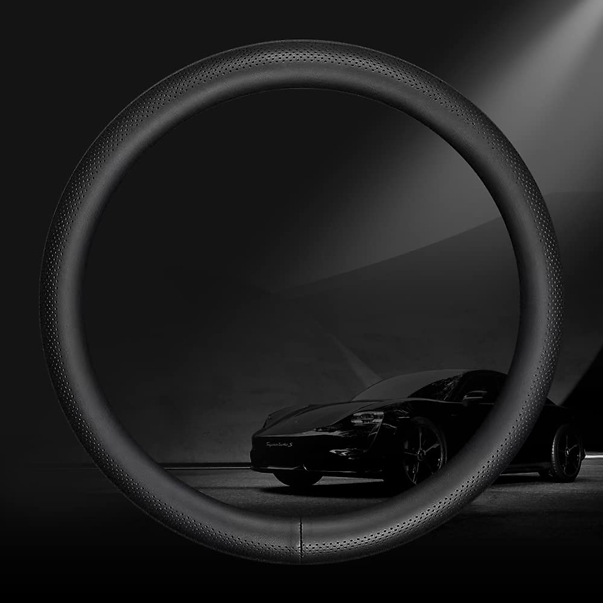 YOUDAXIN Nappa Leather Slim car Steering Wheel Cover, Comfortable, Non-Slip, Simple Perforated Design, Universal 15". Black