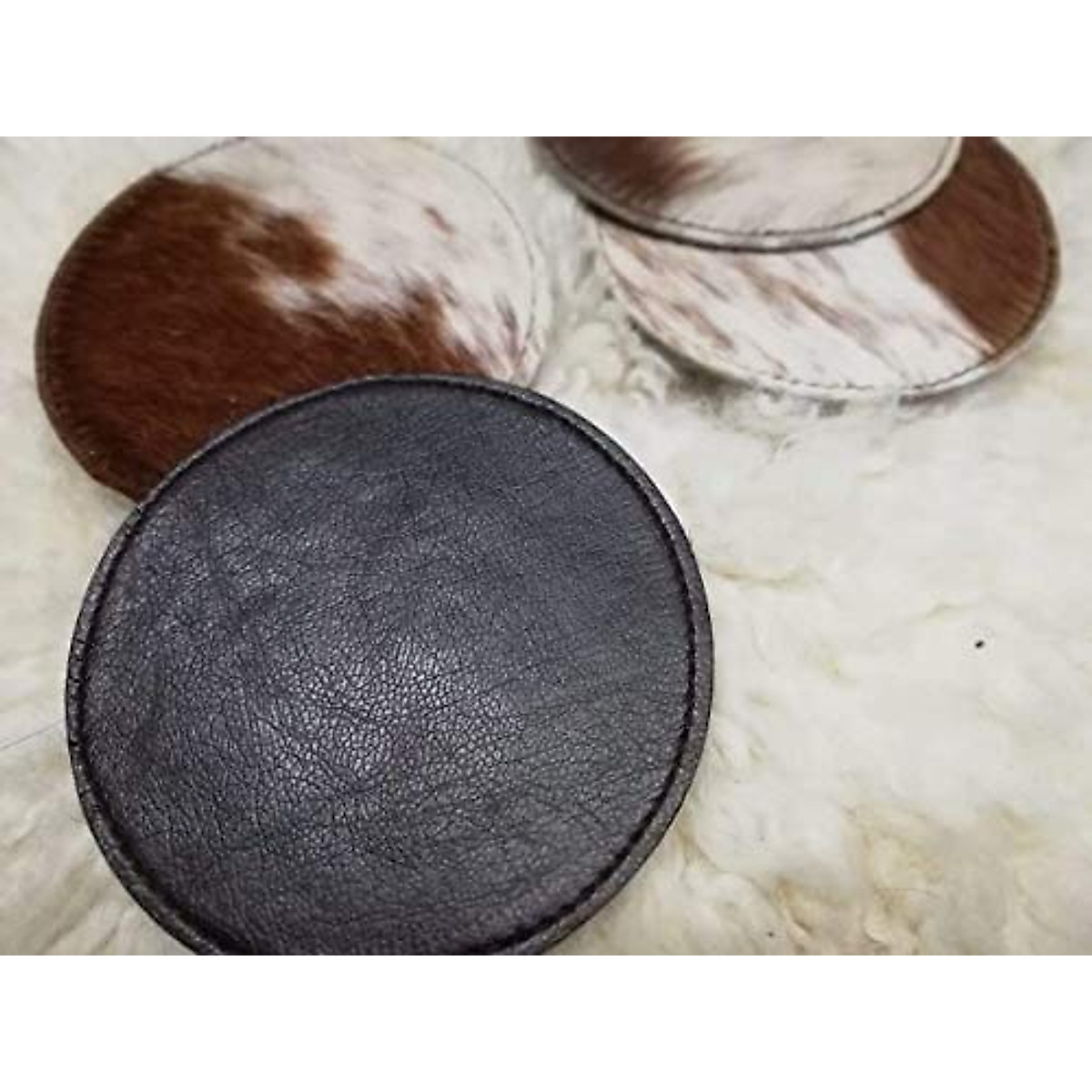 Set of 4 Natural Cowhide Tea Coasters | Hair On Round Tea Coasters for Multipurpose