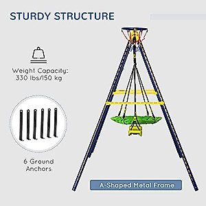 Outsunny Kids Metal Swing Set for Backyard, Outdoor Play Equipment, with Saucer Swing Adjustable Swing Seat, Basket Hoop, Climb Ladder, Net, A-Frame Metal Stand, for 3-10 Years Old, Green
