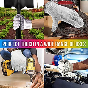 ABC String Knit Gloves with Grip Dots 10'', Pack of 24 White Work Cotton Gloves with Polyester Materials, Reusable PVC Dotted Working Gloves, Safety Work Gloves for Industrial Work