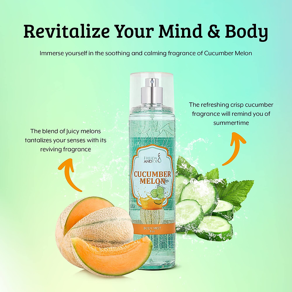 Cucumber Melon Fine Fragrance Body, Womens Perfume Fragrance Body Mist & Sprays, Women's Refreshing Scented Gifts & Presents 8 oz Fine Mist Spray Bottle