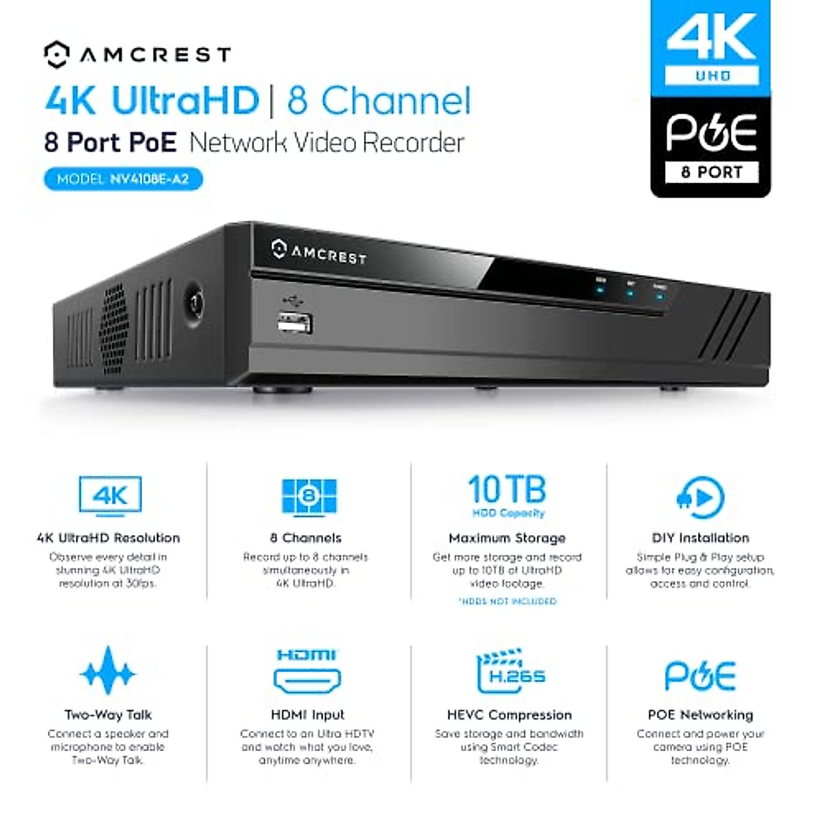 Amcrest NV4108E-A2 4K 8CH POE NVR (1080p/3MP/4MP/5MP/8MP) POE Network Video Recorder - Supports up to 8 x 8MP/4K IP Cameras, 8-Channel Power Over Ethernet Supports up to 10TB HDD (Not Included)