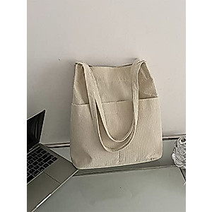 SHENHE Women's Corduroy Double Handle Big Canvas Shoulder Bags Tote Handbags with Pockets Beige One Size