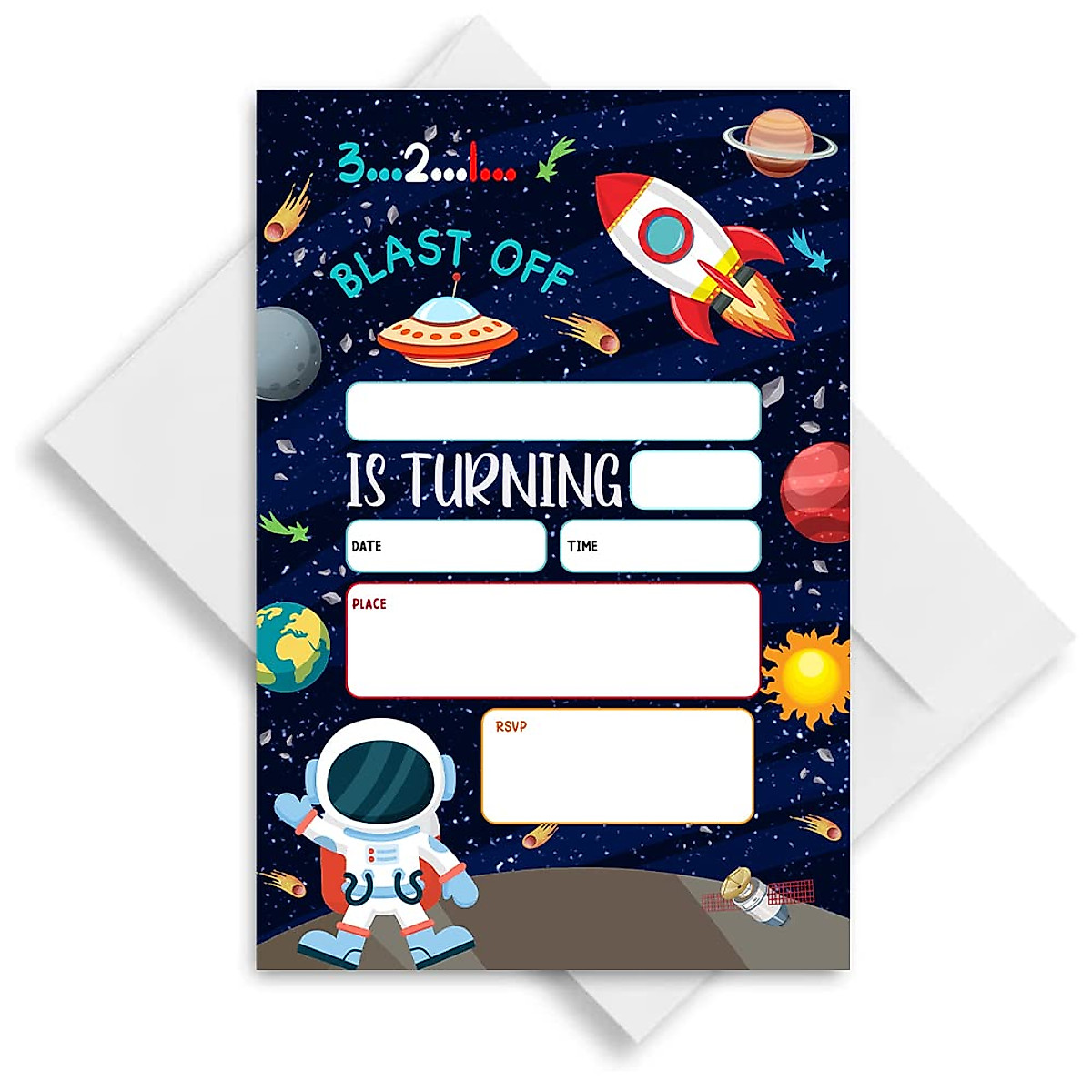 LoaHak Astronaut Birthday Party Invitations Card For Kids, Planets Rocket Ship Party, Outer Space Birthday Invitation. (074)