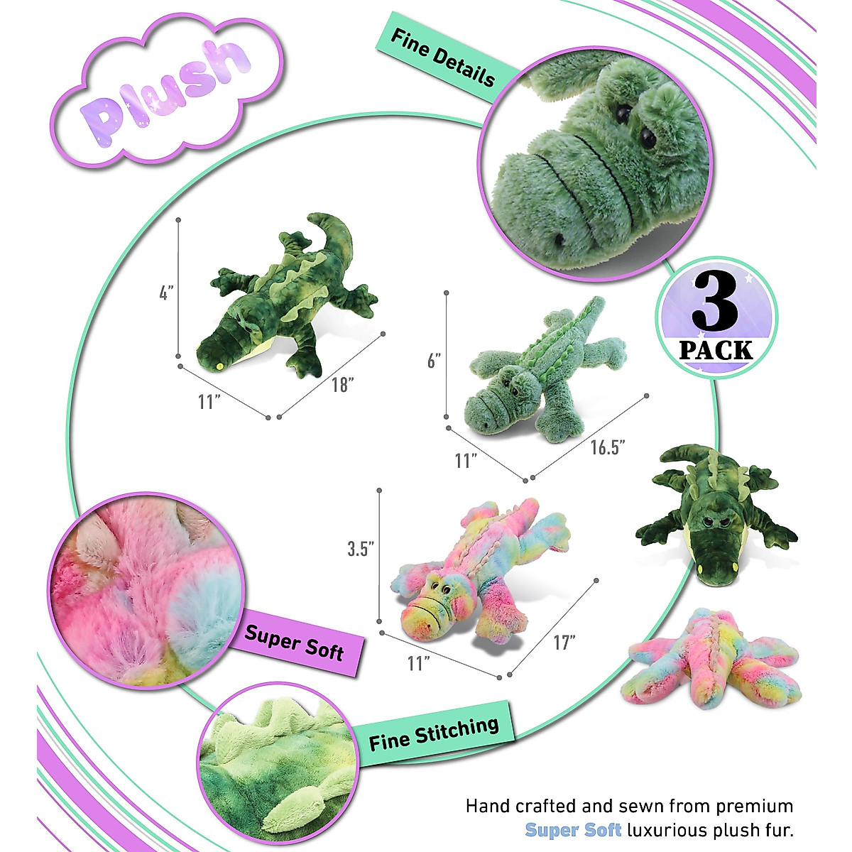 DolliBu Plush Alligator Stuffed Toys - Soft Huggable Alligator Plush Kit, Adorable Creature Plush Toys, Super Soft Plush Doll Wildlife Toys for Kids and Adults - 3 Pack